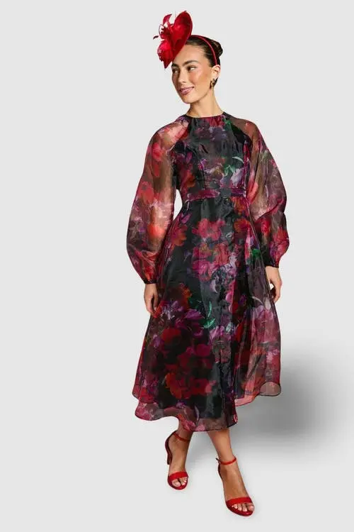 Coast Organza Puff Sleeve Midi Dress - Pink