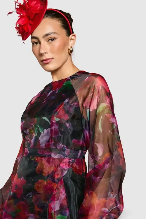 Coast Organza Floral Puff Sleeve Midi Dress - Pink