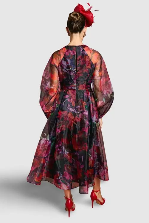 Coast Organza Floral Puff Sleeve Midi Dress - Pink
