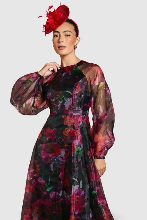 Coast Organza Floral Puff Sleeve Midi Dress - Pink
