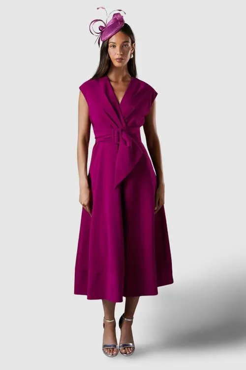 Coast Belted Crepe V-neck Midi Dress - Berry