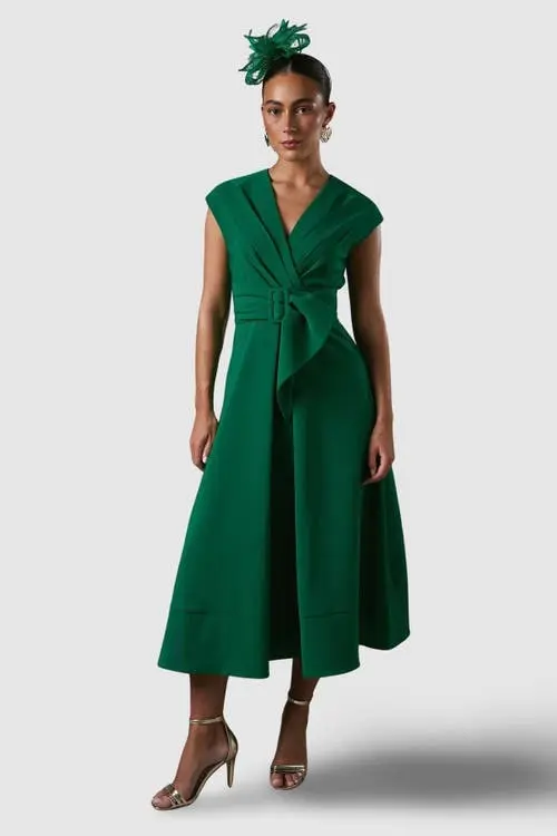 Coast Belted Crepe V-neck Midi Dress - Emerald