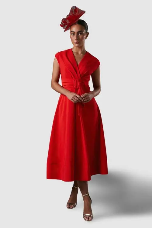 Coast Belted Crepe V-neck Midi Dress - Flame Red