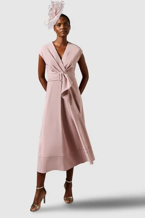 Coast Belted Crepe V-neck Midi Dress - Rose