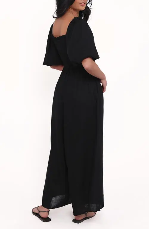 PETAL & PUP Ebony Smocked Puff Sleeve Wide Leg Jumpsuit