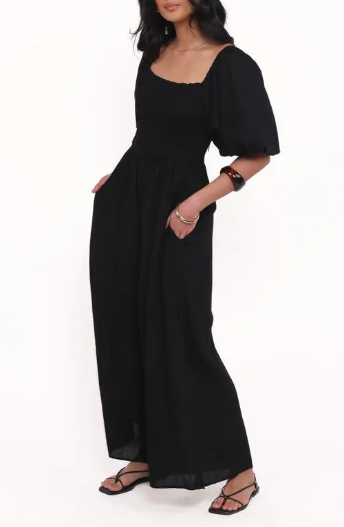PETAL & PUP Ebony Smocked Puff Sleeve Wide Leg Jumpsuit