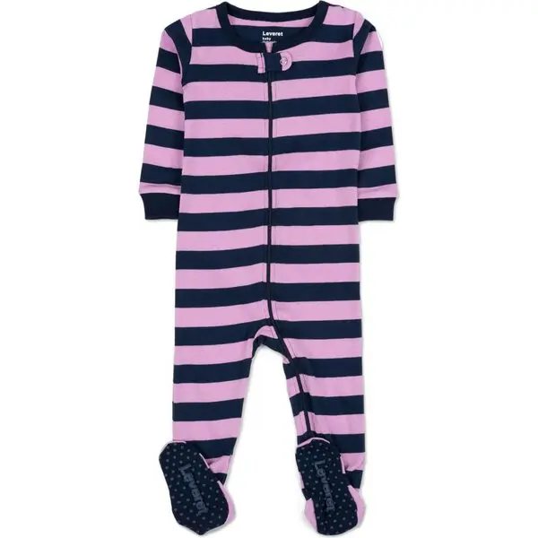 LEVERET Striped Cotton Footed Family Pajamas - Purple & Navy