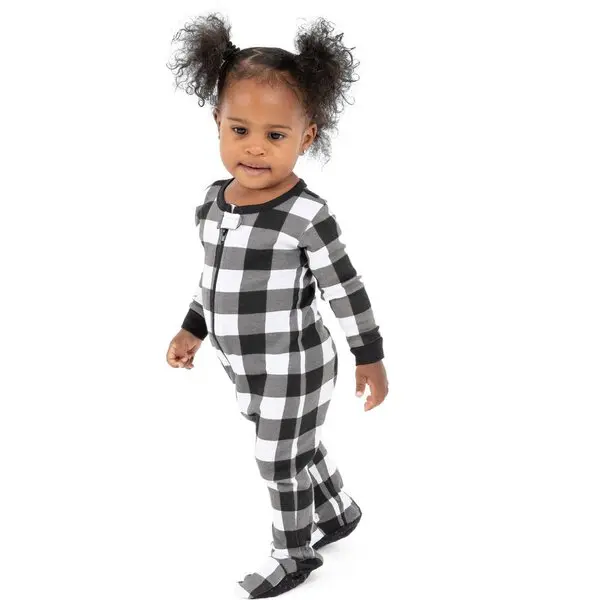 LEVERET Footed Plaid Cotton Pajamas - Plaid Black & White