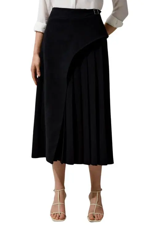 Karen Millen Buckle Detail Pleated Midi Skirt - Black