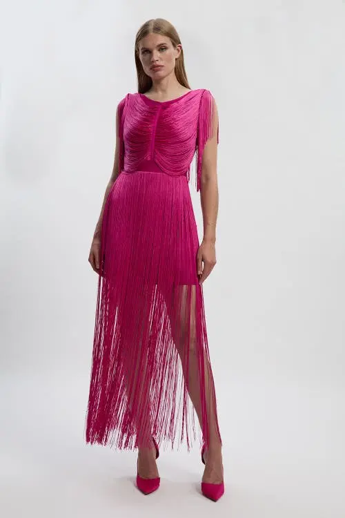 Karen Millen Draped Fringe Maxi Dress - Magenta