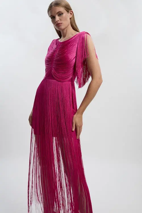 Karen Millen Draped Fringe Maxi Dress - Magenta