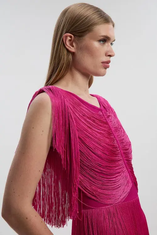 Karen Millen Draped Fringe Maxi Dress - Magenta