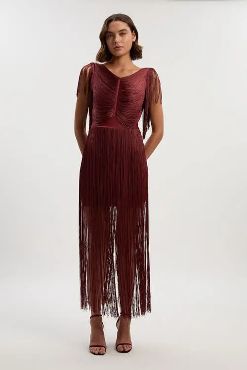 Karen Millen Draped Fringe Maxi Dress - Rich Red