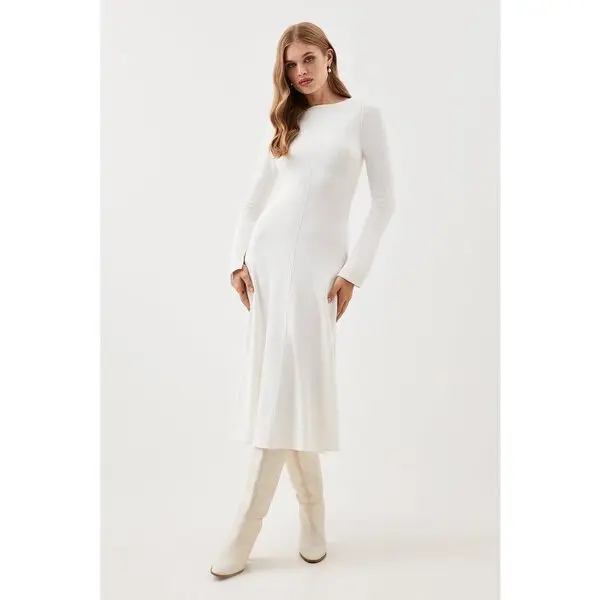 Karen Millen Knit Wool Look Full Skirt Midi Dress - Ivory