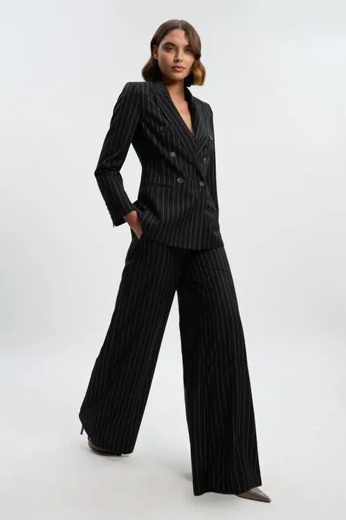 Karen Millen Petite Pinstriped Wide Leg Trousers - Black