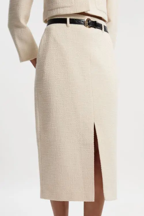 Karen Millen Petite Tweed Belted Pencil Skirt - Cream