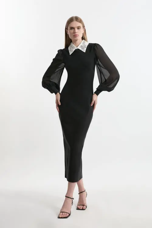 Karen Millen Embellished Collar Sheer Balloon Sleeve Knit Midi Dress - Black