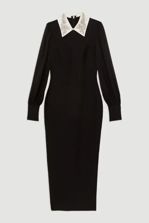 Karen Millen Embellished Collar Sheer Balloon Sleeve Knit Midi Dress