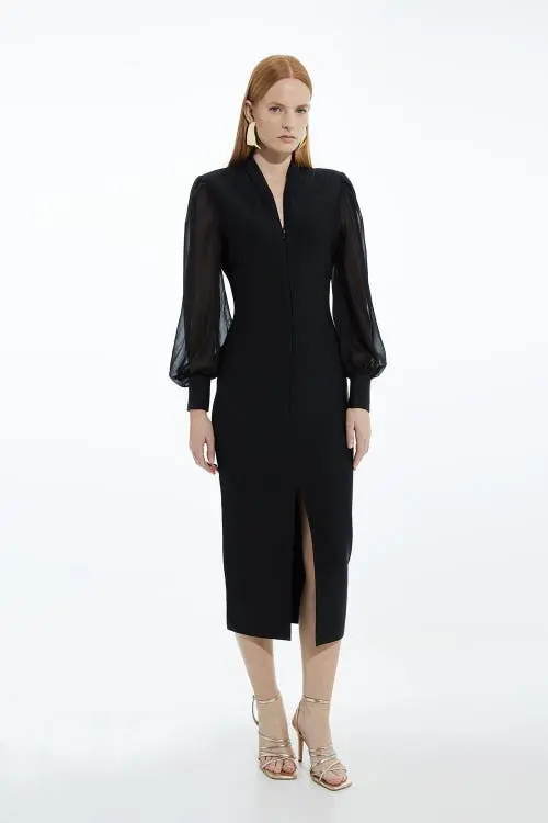 Karen Millen Zip Detail Chiffon Sleeve Knit Dress - Black