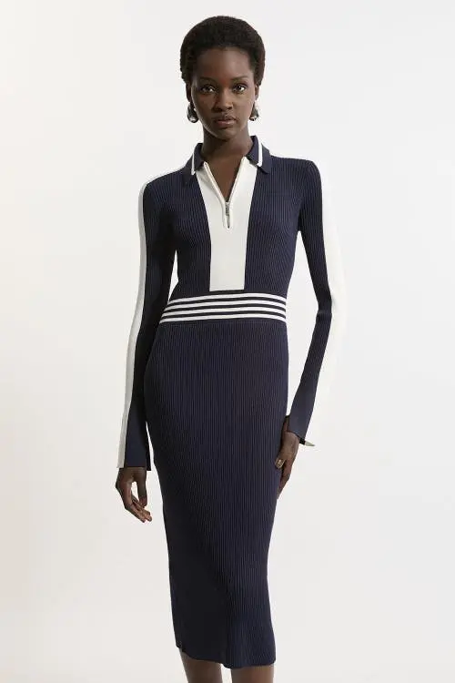 Karen Millen Rib Knit Polo Zip Up Midi Dress