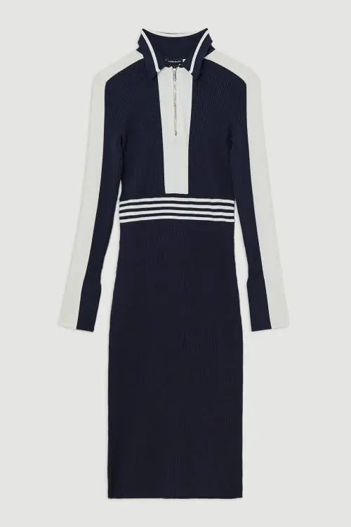 Karen Millen Rib Knit Polo Zip Up Midi Dress
