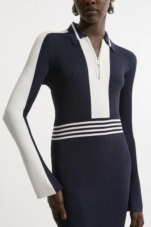 Karen Millen Rib Knit Polo Zip Up Midi Dress