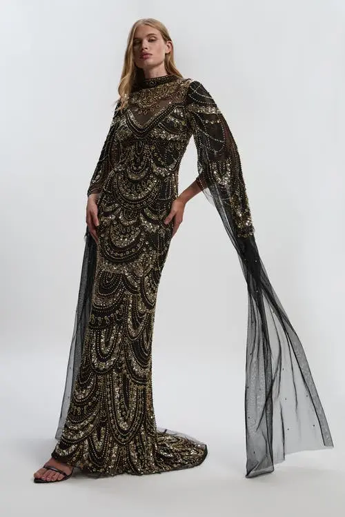 Karen Millen Beaded Midaxi Cape Dress - Black