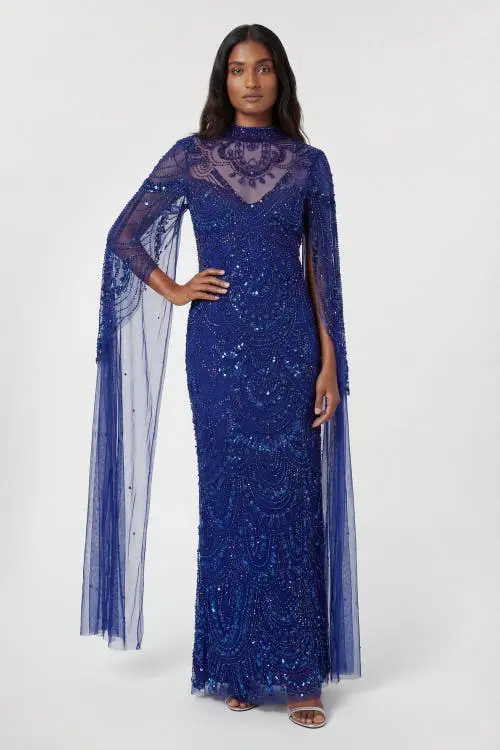 Karen Millen Beaded Cape Dress - Cobalt