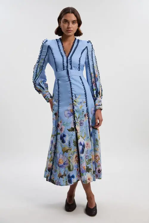 Karen Millen Trailing Floral Woven Plunge Maxi Dress - Blue