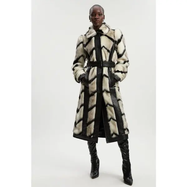 Karen Millen Stripe Faux Fur Belted Long Coat - Mono