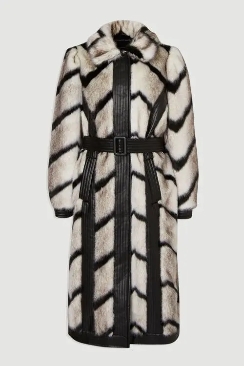 Karen Millen Stripe Faux Fur Belted Long Coat