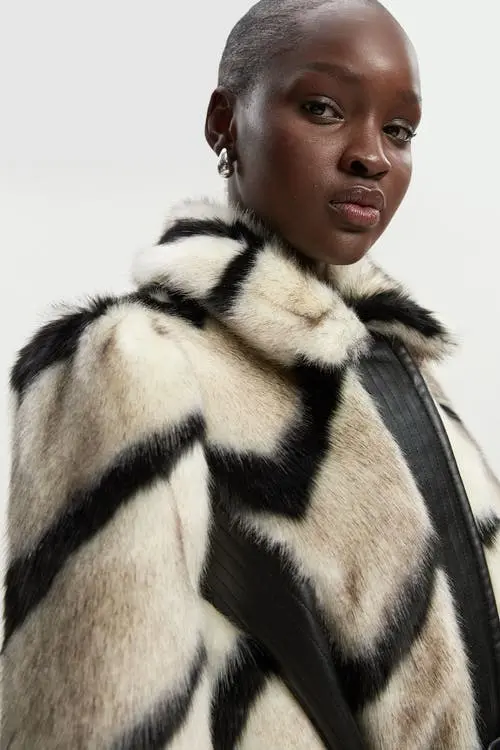 Karen Millen Stripe Faux Fur Belted Long Coat