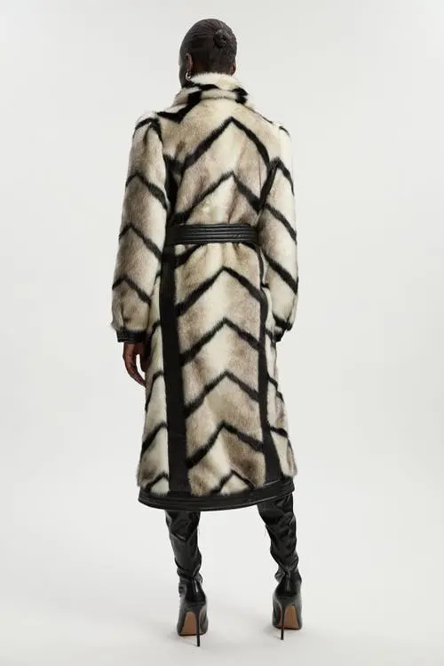 Karen Millen Stripe Faux Fur Belted Long Coat