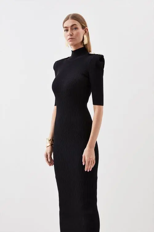 Karen Millen Rib Knit Power Shoulder Maxi Dress