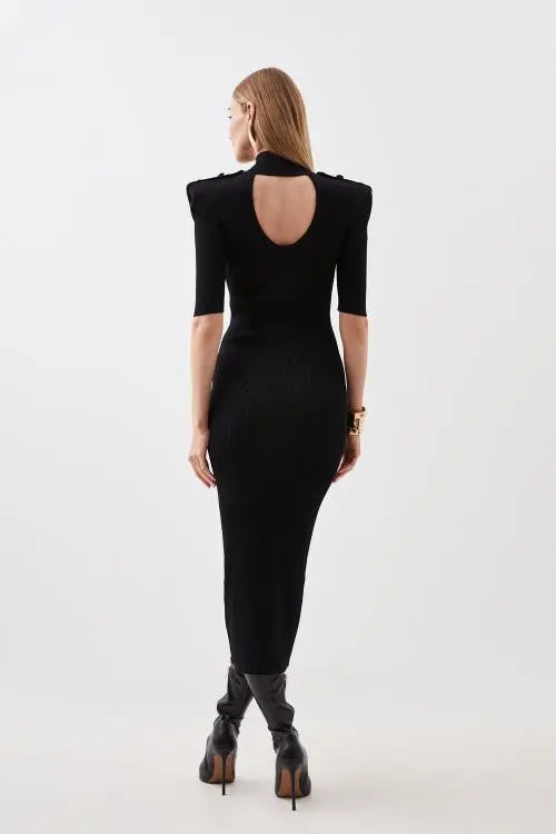 Karen Millen Rib Knit Power Shoulder Maxi Dress