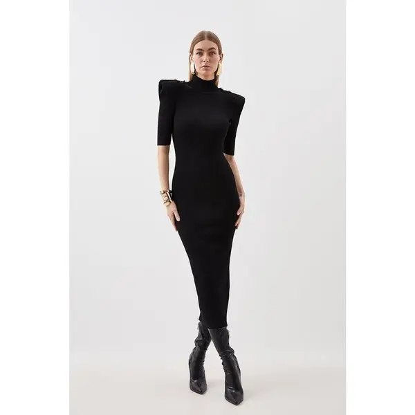 Karen Millen Rib Knit Power Shoulder Maxi Dress - Black