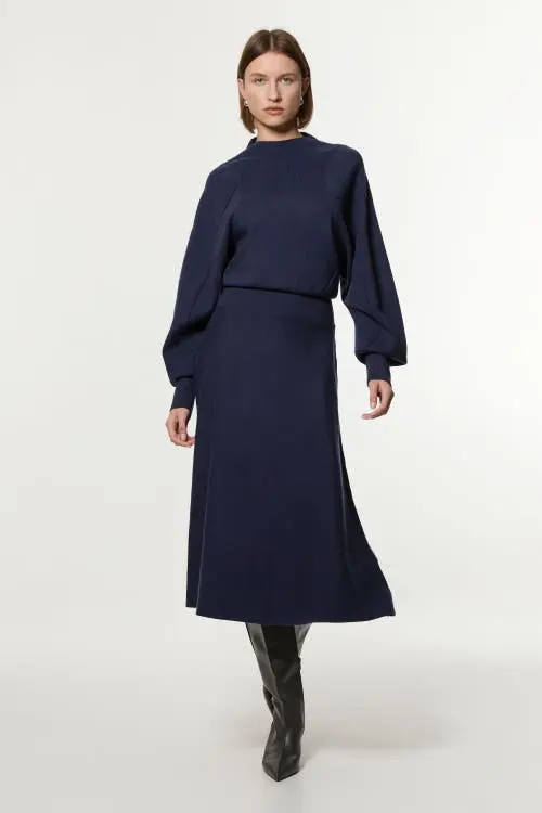 Karen Millen Wool Look Rounded Sleeve Knit Midi Dress - Navy