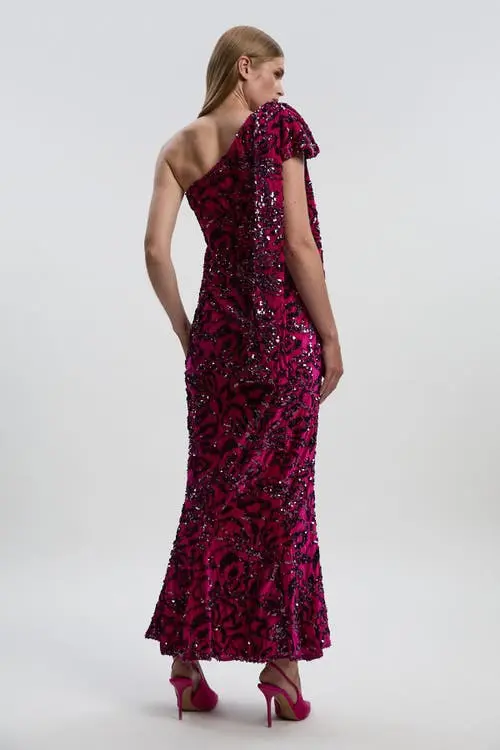 Karen Millen Velvet Sequin One-shoulder Maxi Dress