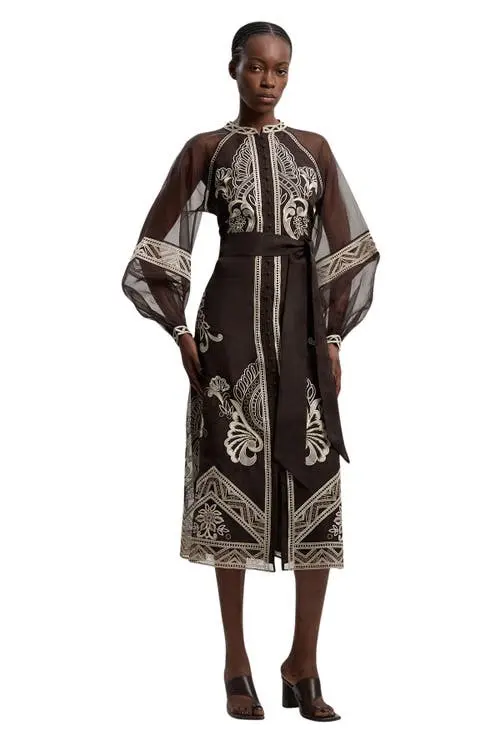 Karen Millen Embroidered Mandarin Collar Midi Dress - Chocolate