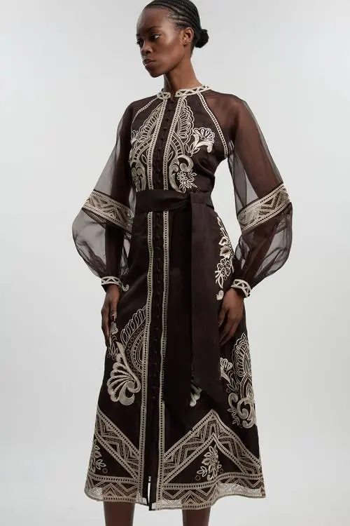 Karen Millen Embroidered Mandarin Collar Midi Dress - Chocolate