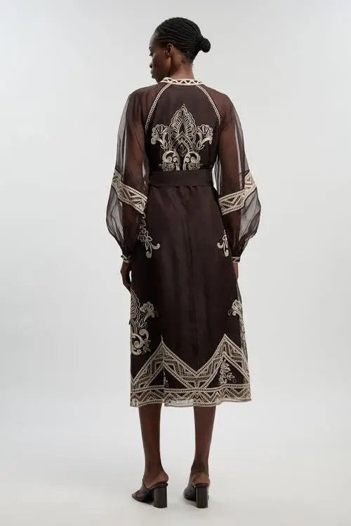 Karen Millen Embroidered Mandarin Collar Midi Dress - Chocolate
