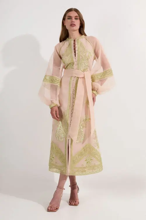 Karen Millen Embroidered Mandarin Collar Midi Dress - Lime
