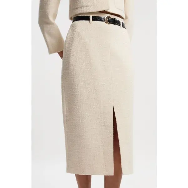 Karen Millen Textured Tweed Belted Pencil Skirt - Cream