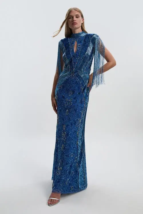 Karen Millen Embellished Tassel Sleeve Maxi Dress - Blue