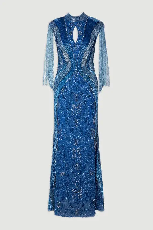 Karen Millen Embellished Tassel Sleeve Maxi Dress - Blue