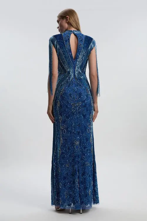 Karen Millen Embellished Tassel Sleeve Maxi Dress - Blue