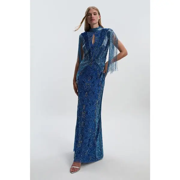 Karen Millen Petite Beaded Cap Sleeve Maxi Dress - Blue