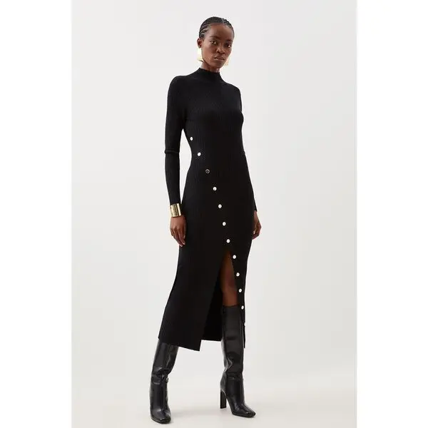 Karen Millen Viscose Popper Split Knit Midi Dress - Black