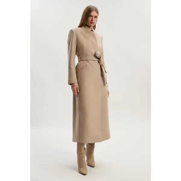 Karen Millen Wool Notch Neck Tailored Maxi Coat - Oatmeal