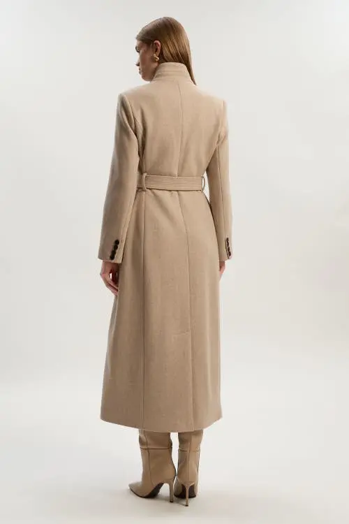 Karen Millen Wool Notch Neck Tailored Maxi Coat - Oatmeal